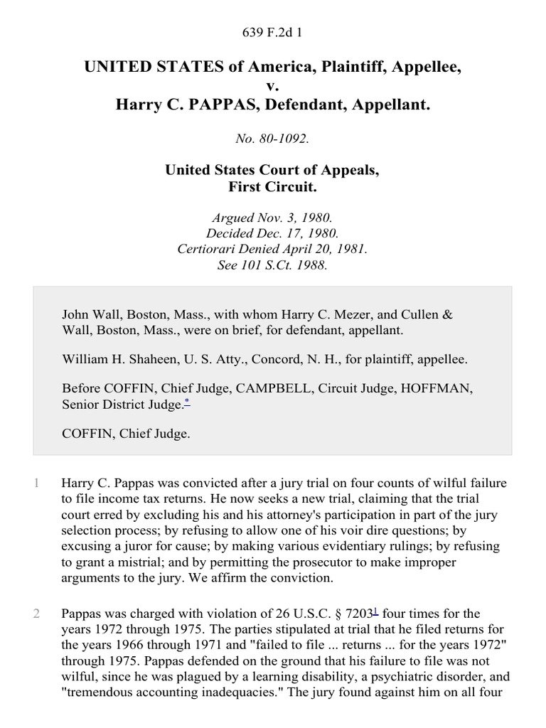 United States v. Harry C. Pappas, 639 F.2d 1, 1st Cir. (1981) | PDF ...