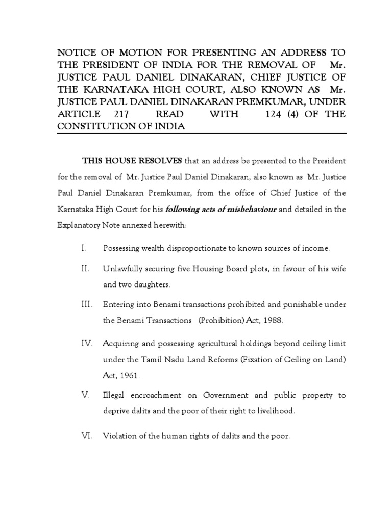 Impeachment Motion Justice Dinakaran | PDF | Judge | Judiciaries