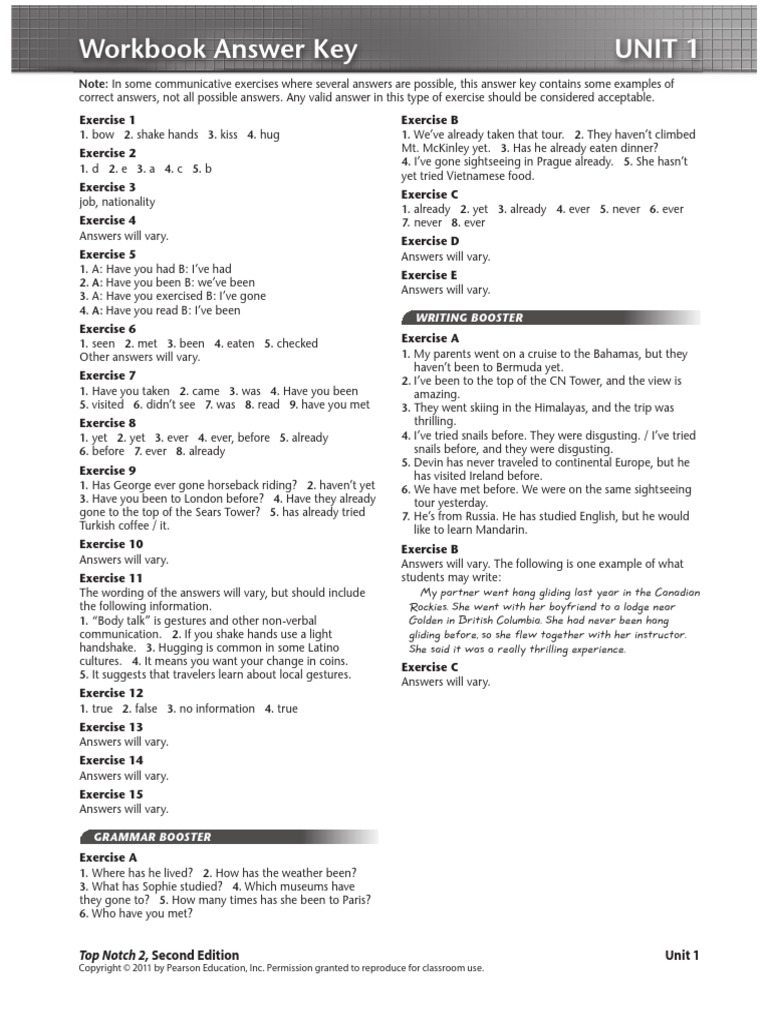Workbook Answer Key Unit 1: Writing Booster | PDF