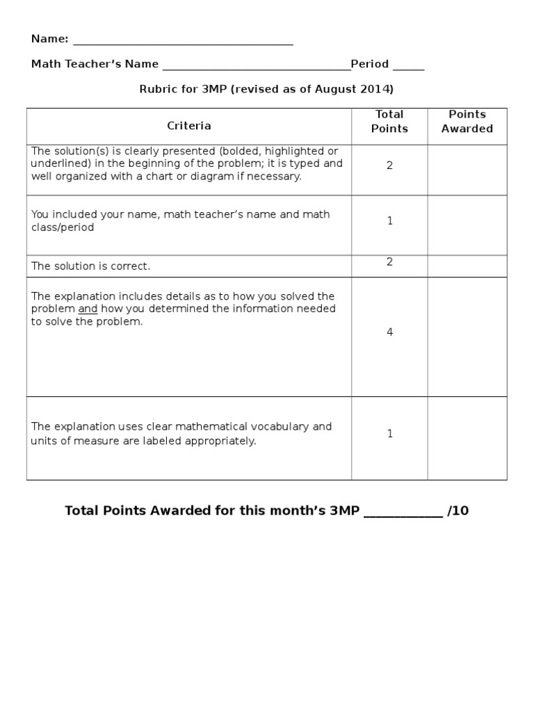 3MP Math Assignment Rubric 2014 | PDF | Teaching Methods & Materials
