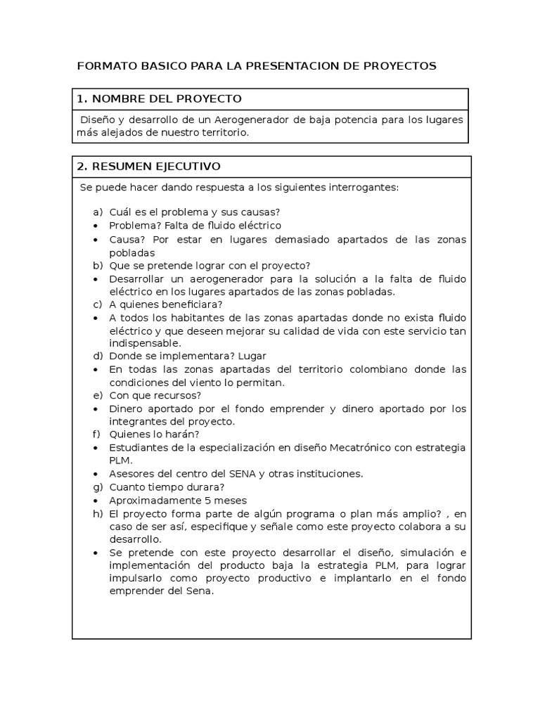 Formato Basico para La Presentacion de Proyectos | PDF | Turbina eólica ...
