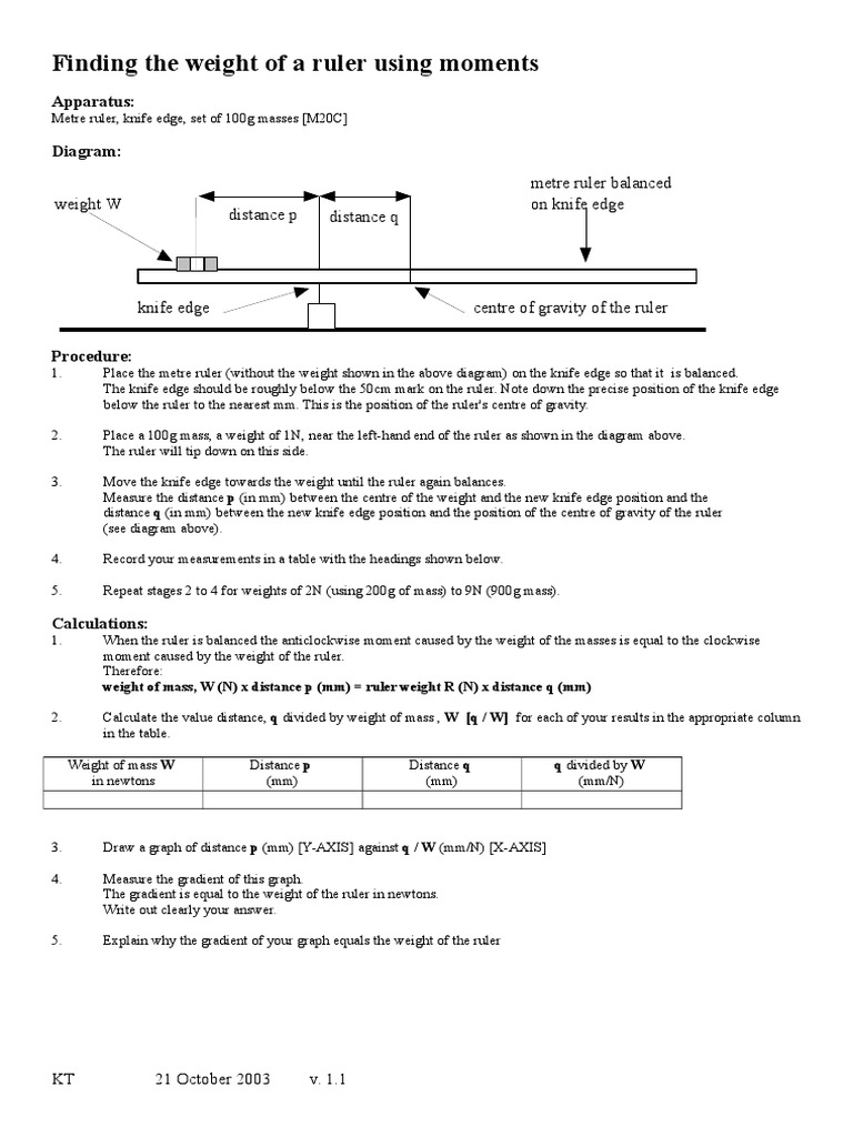 Weight of Ruler by Moments | PDF | Weight | Center Of Mass