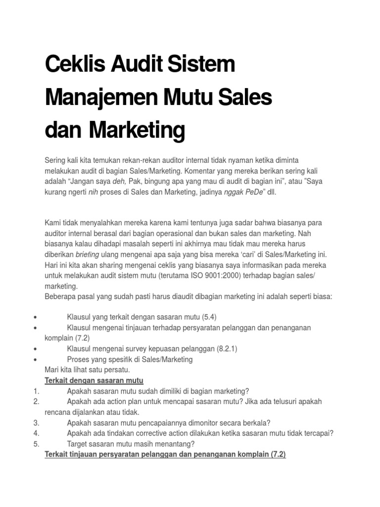 Ceklis Audit Sales | PDF