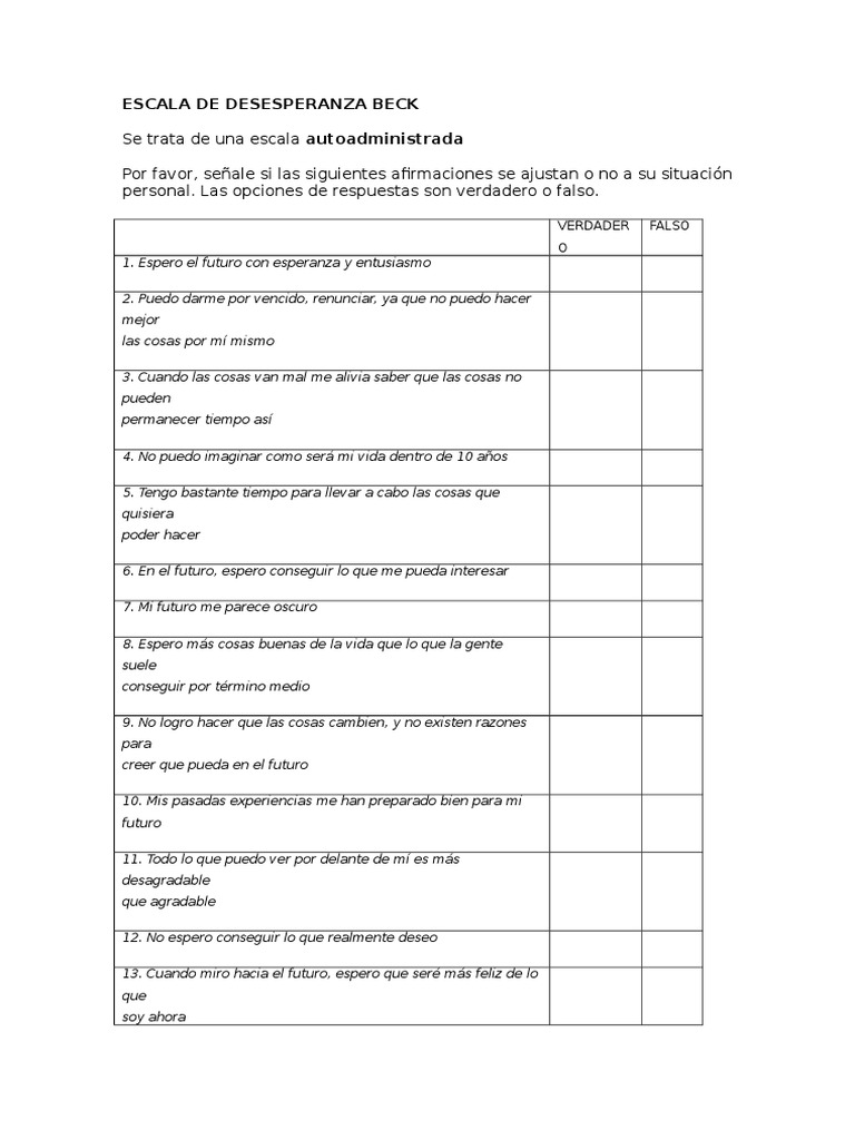 Escala de Desesperanza de Beck | PDF