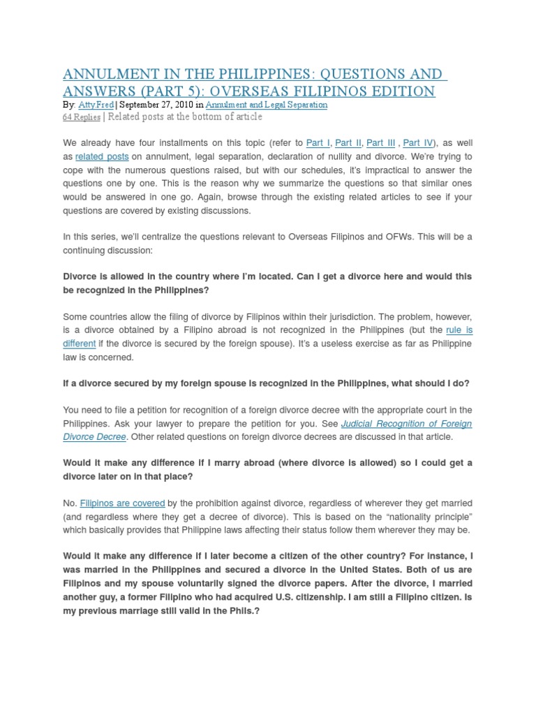 Annulment In The Philippines Questions And Answers Part 5 Overseas