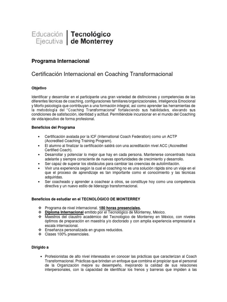 Certificación Coaching Transformacional Pdf Programación