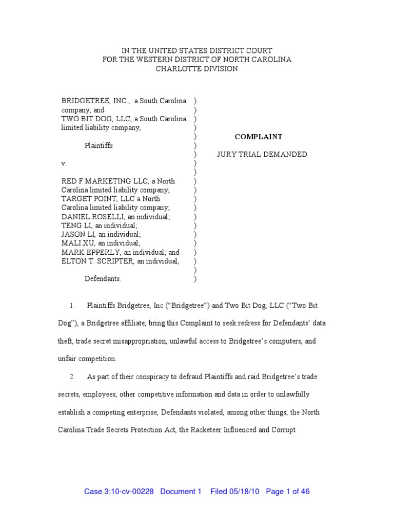 Bridgetree LLC vs. Data Theft Allegations | PDF | Trade Secret ...