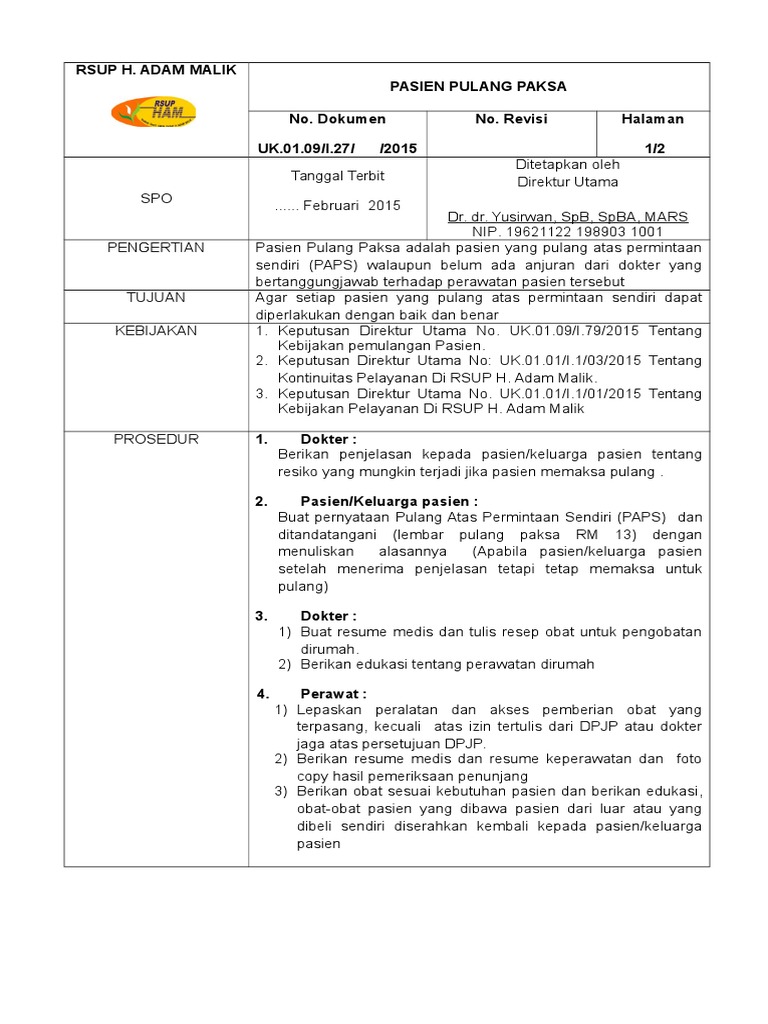 Spo Pasien Pulang Paksa (Paps) | PDF