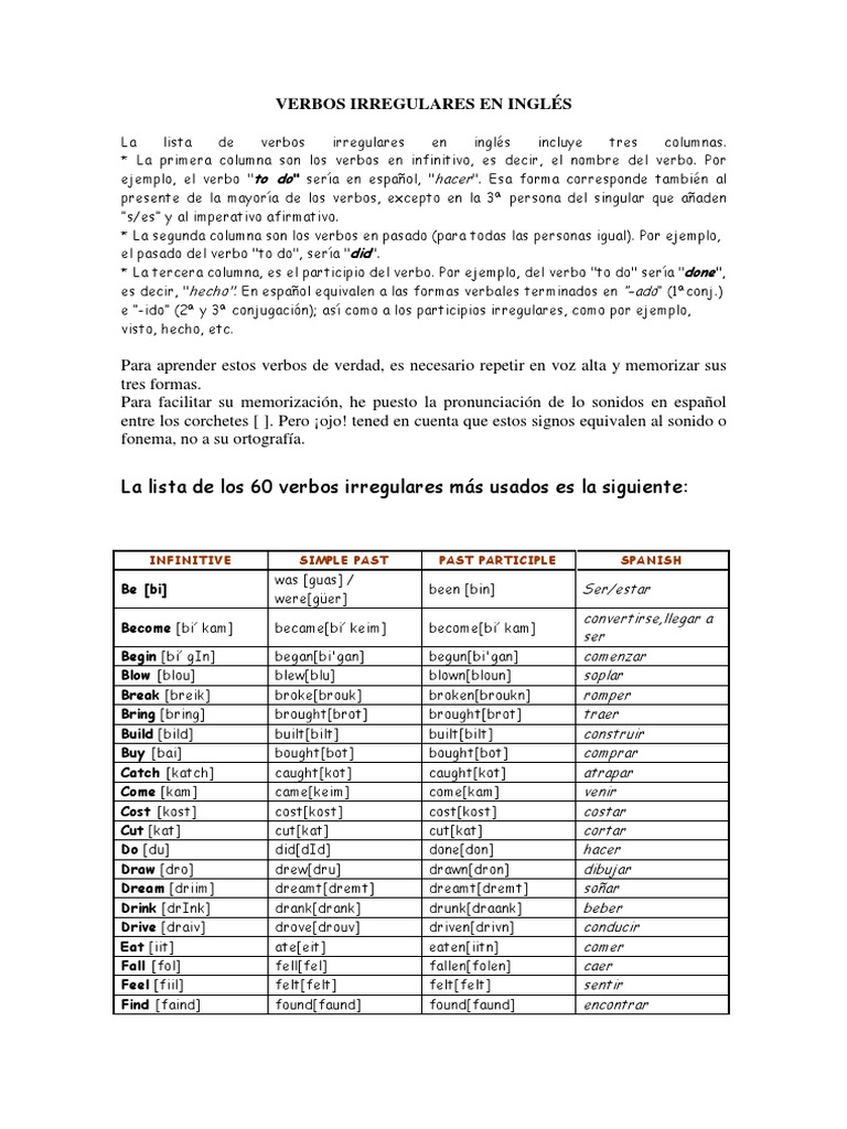 Lista Verbos Irregulares para 5º | PDF | Verbo | Morfología Lingüística