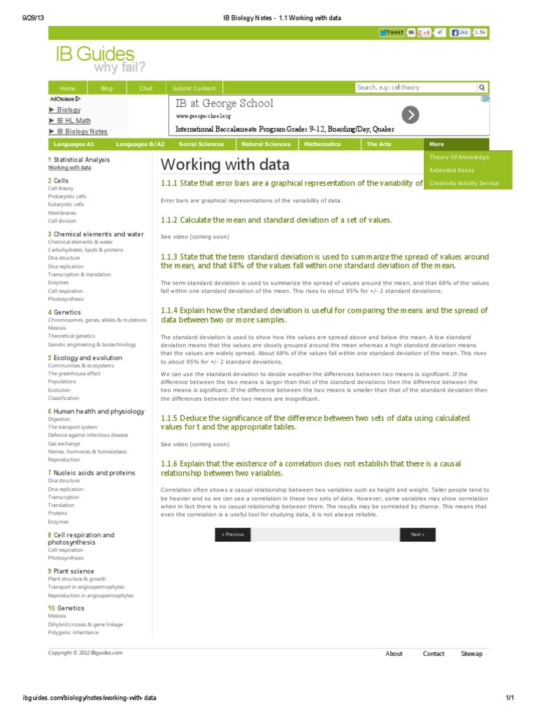 IB Biology Notes - 1 Working With Data | PDF | Cell (Biology) | Genetics
