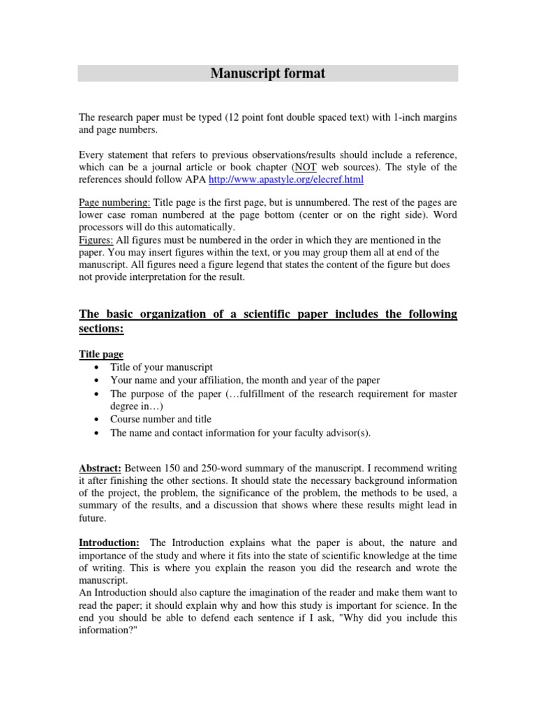 Manuscript Format: The Basic Organization of A Scientific Paper ...