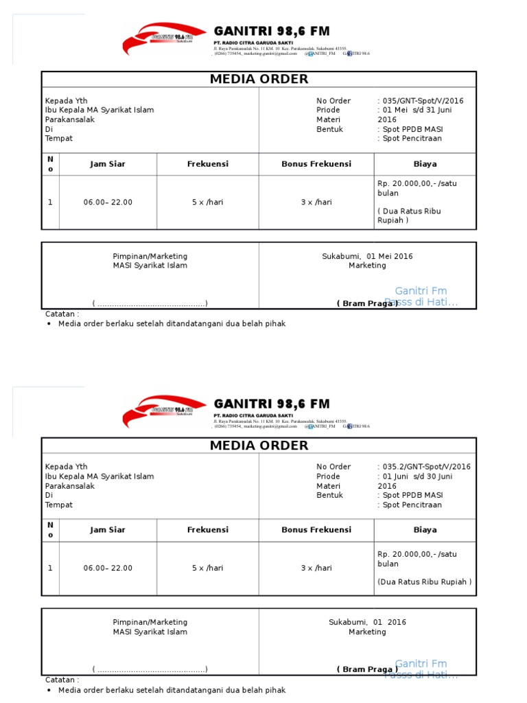 Contoh Media Order Radio | PDF