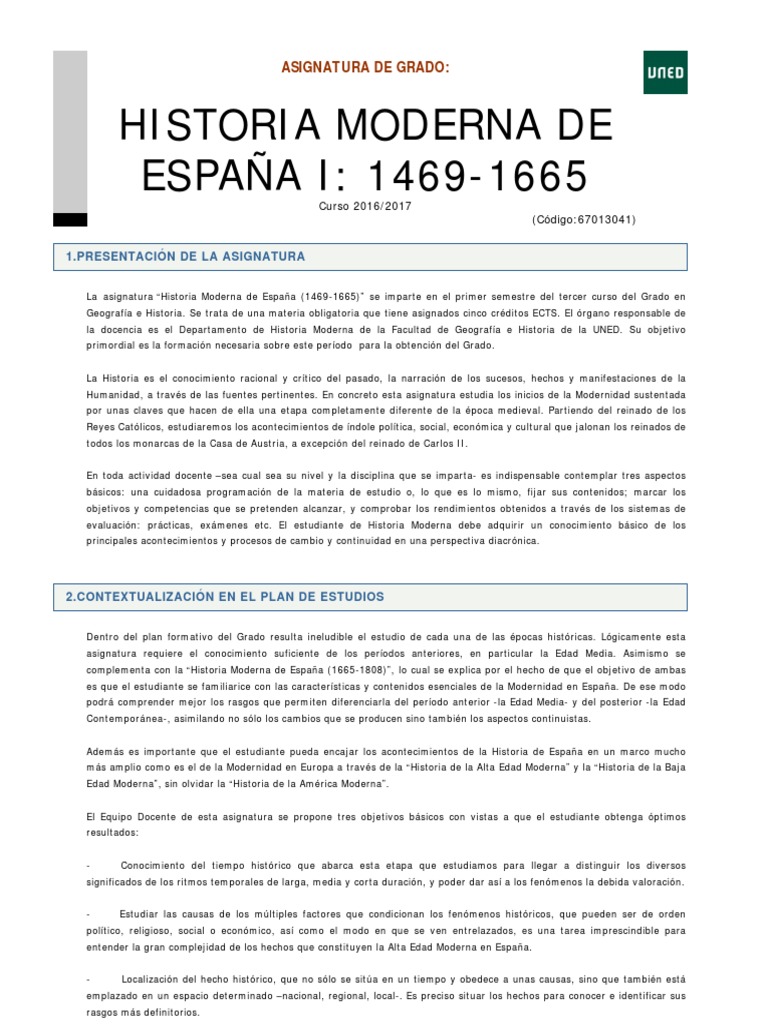 Historia Moderna De España I 1469 1665 Presentación De La Asignatura