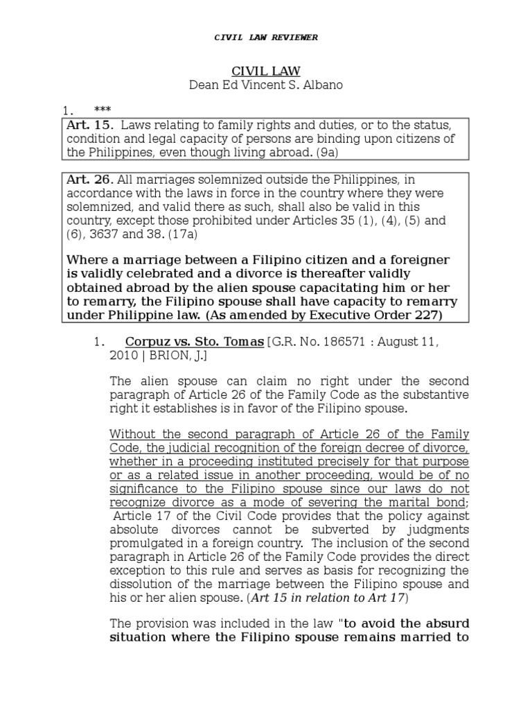 CIVIL LAW by Dean Albano | PDF | Marriage | Judgment (Law)