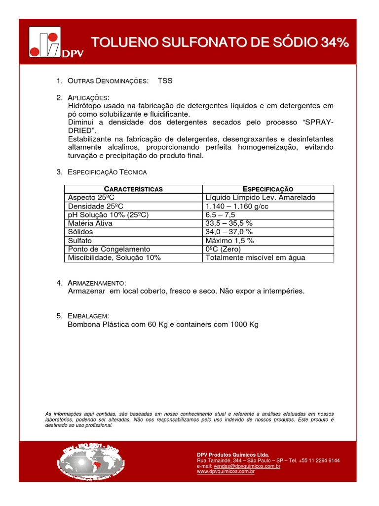 Boletim Técnico Tolueno Sulfonato de Sódio PDF | PDF Boletim Técnico Tolueno Sulfonato de Sódio PDF | PDF