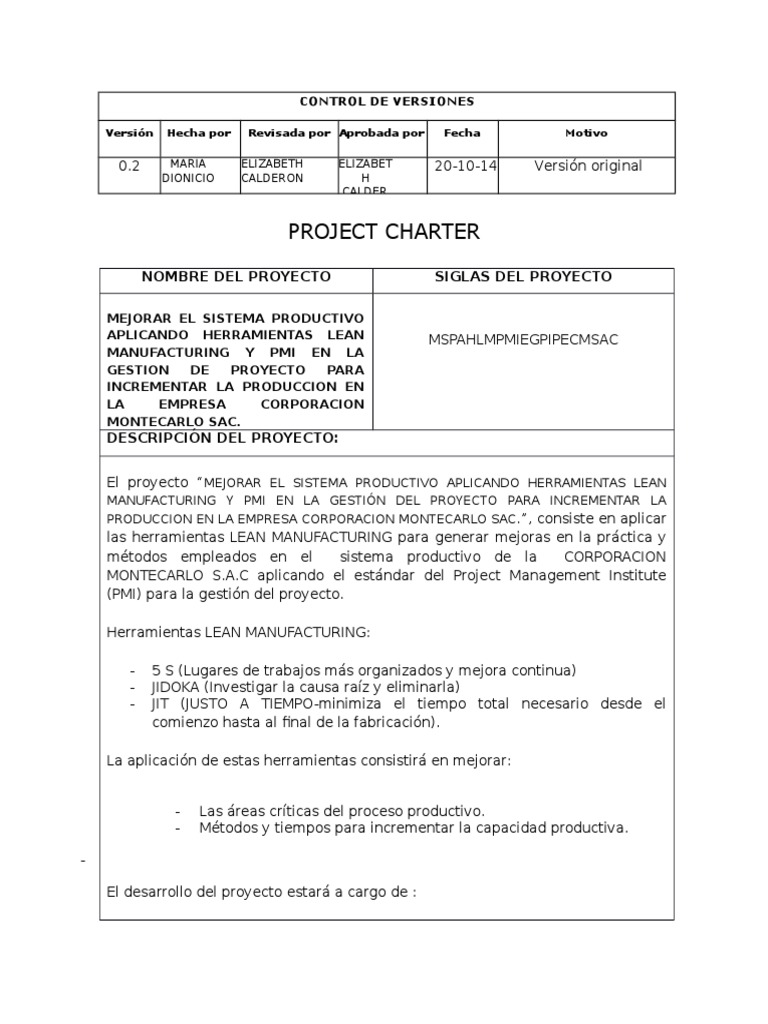 Project Charter | PDF | Lean Manufacturing | Presupuesto