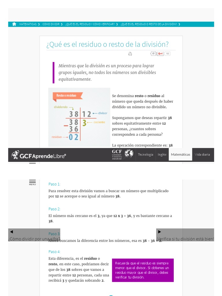 Cómo Dividir Qué Es El Residuo o Resto de La División | PDF ...