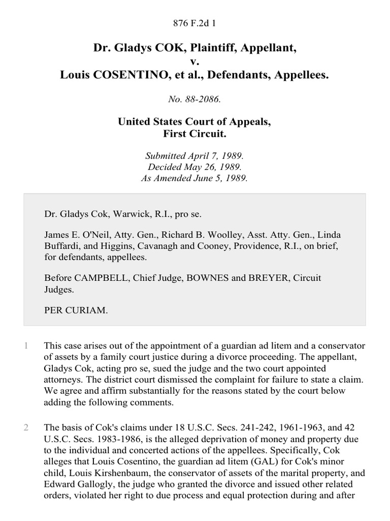 Dr. Gladys Cok v. Louis Cosentino, 876 F.2d 1, 1st Cir. (1989) | PDF ...