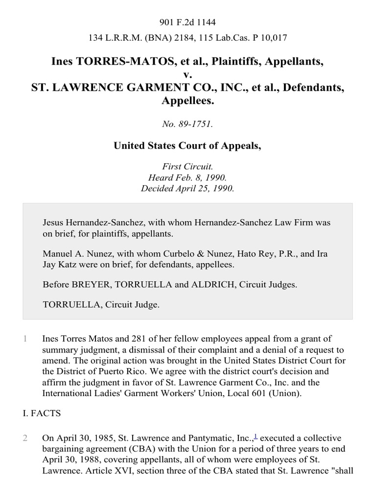 Ines Torres-Matos v. St. Lawrence Garment Co., Inc., 901 F.2d 1144, 1st ...