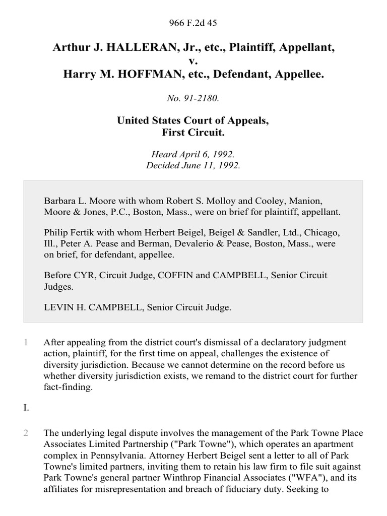 Arthur J. Halleran, JR., Etc. v. Harry M. Hoffman, Etc., 966 F.2d 45 ...