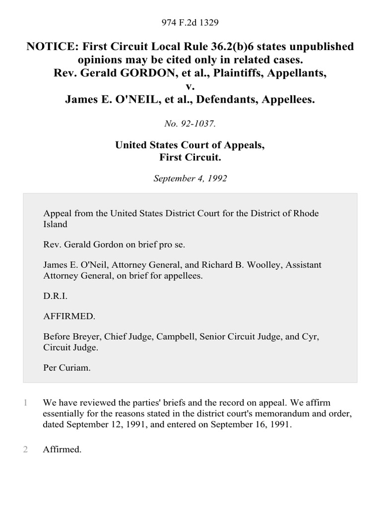 Rev. Gerald Gordon v. James E. O'Neil, 974 F.2d 1329, 1st Cir. (1992 ...