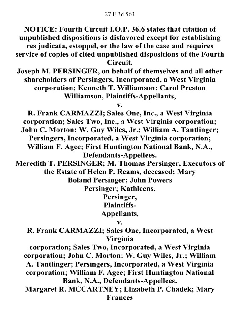 Joseph M. Persinger, on Behalf of Themselves and All Other Shareholders ...