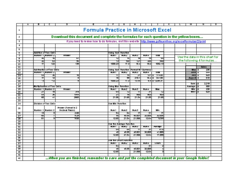 Excel Formula Practice Exercises | PDF