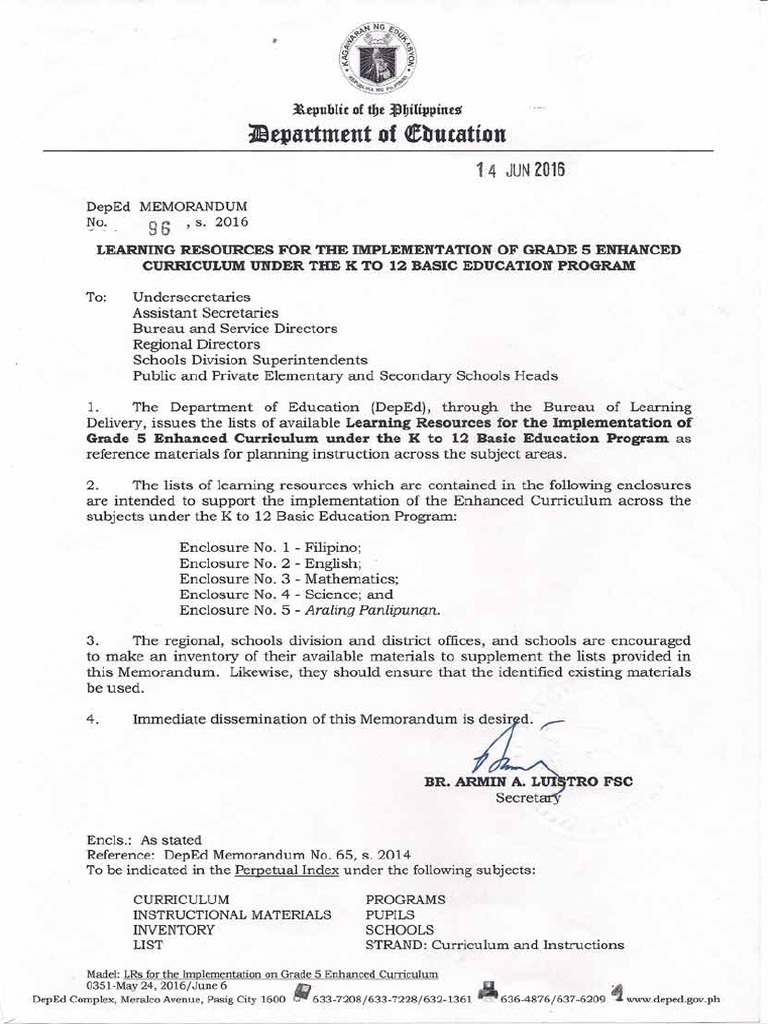 Learning Resources For The Implementation of Grade 5 Enhanced ...