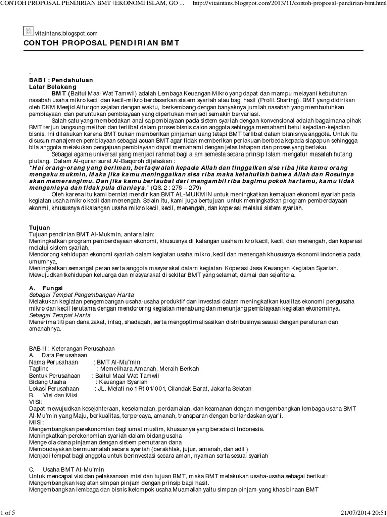 Contoh Proposal Pendirian BMT - Ekonomi Islam, Go Ahead!!! | PDF