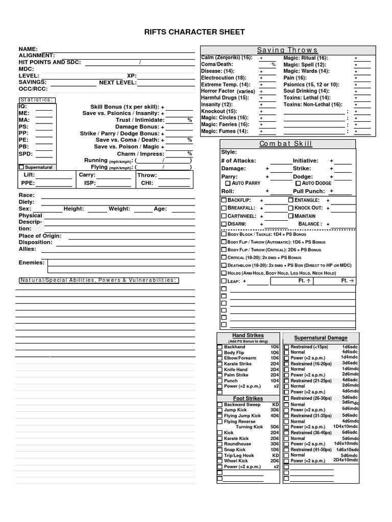 Interactive Rifts Character Sheet | PDF | Individual Sports | Combat Sports