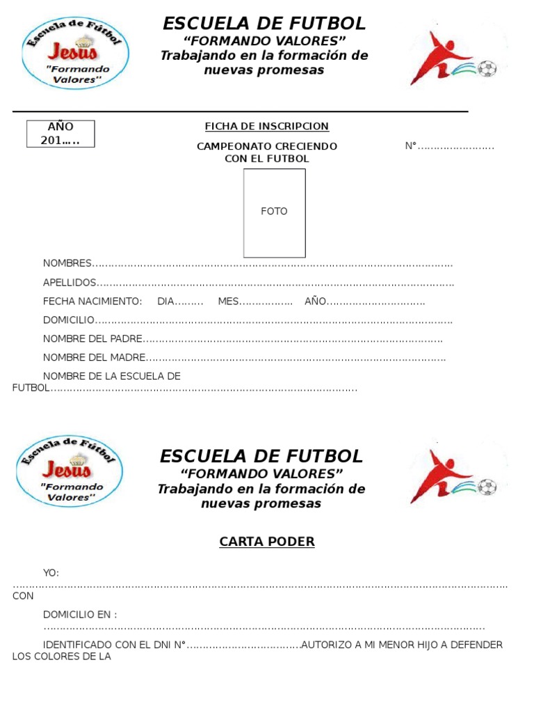 Ficha de Inscripción Escuela de Fútbol | PDF