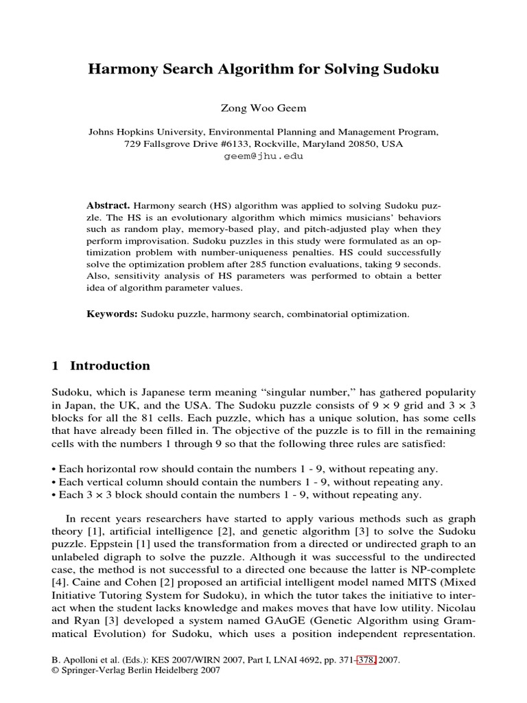 Harmony Search Algorithm For Solving Sudoku | PDF | Mathematical Optimization | Systems Analysis