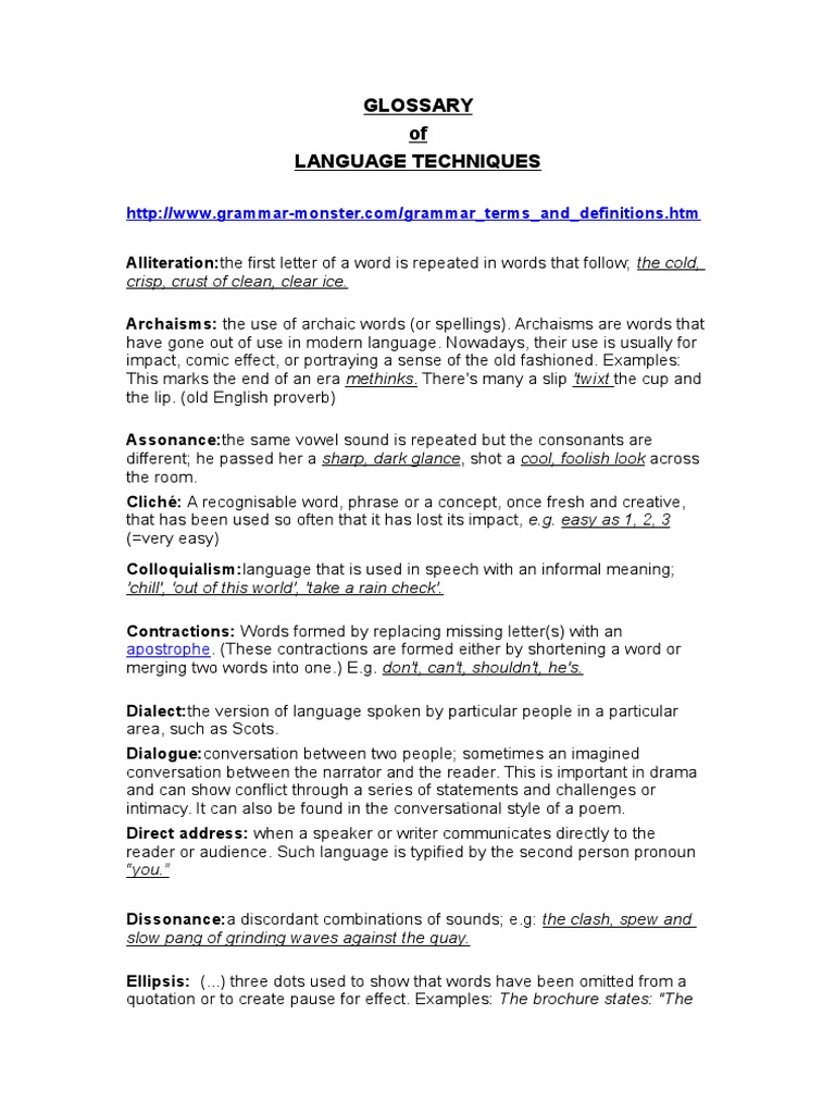 GLOSSARY of Lang. Techniques | PDF | Part Of Speech | Sentence ...
