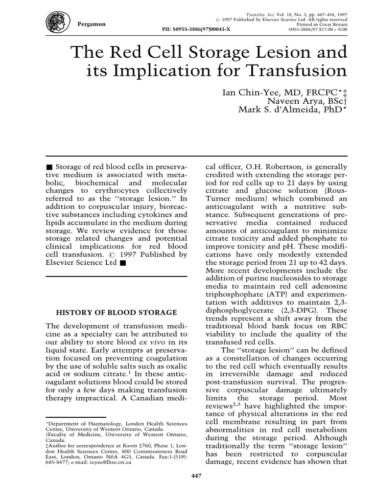 The Red Cell Storage Lesion and | PDF | Red Blood Cell | Cell Membrane