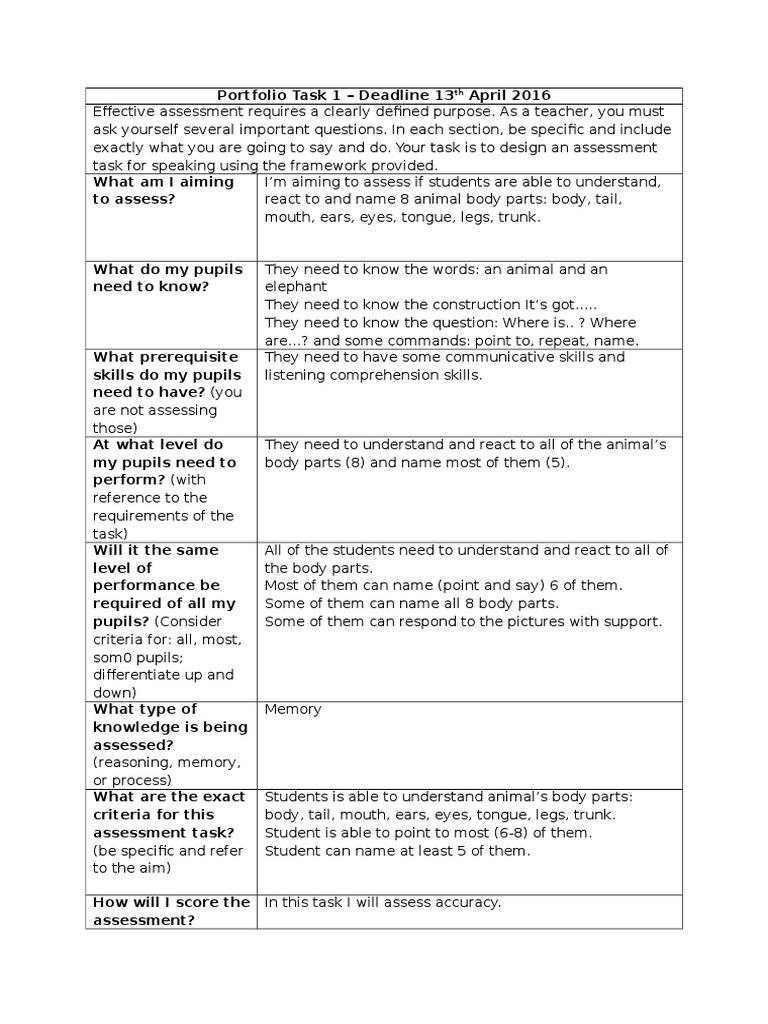 Portfolio Task 1 Assessment Pdf Educational Assessment Reading