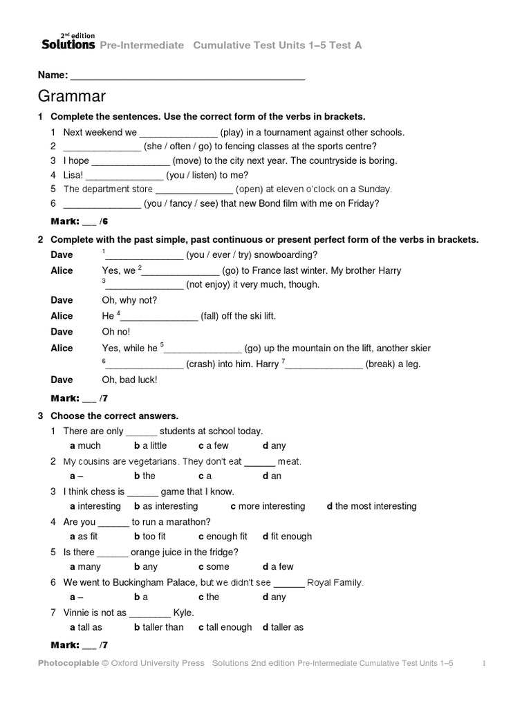Solutions Pre-Intermediate Second Edition Cumulative Tests Unit 01-05 A ...