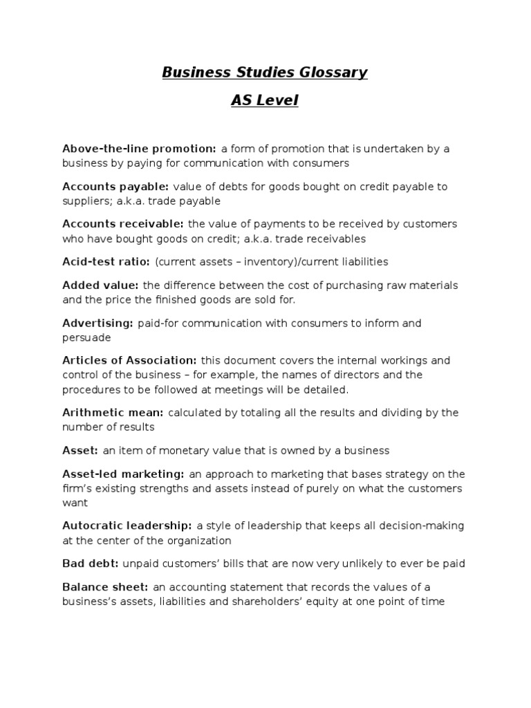 AS Level Business Studies Glossary | PDF | Sales | Employment
