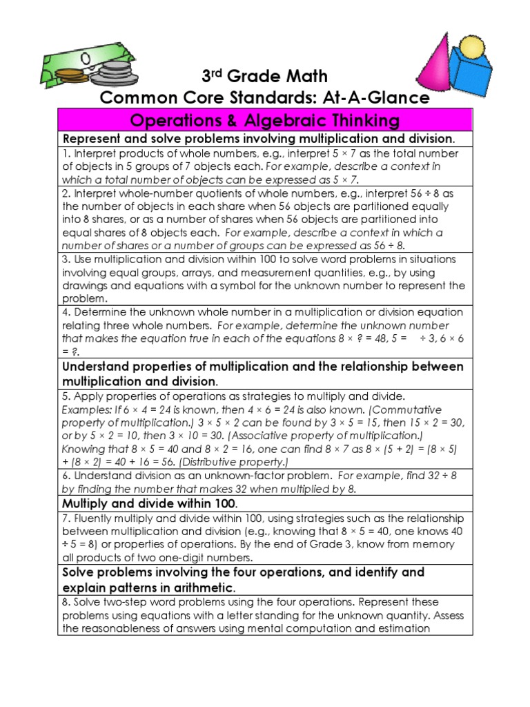 3 Grade Math Common Core Standards: At-A-Glance Operations & Algebraic ...
