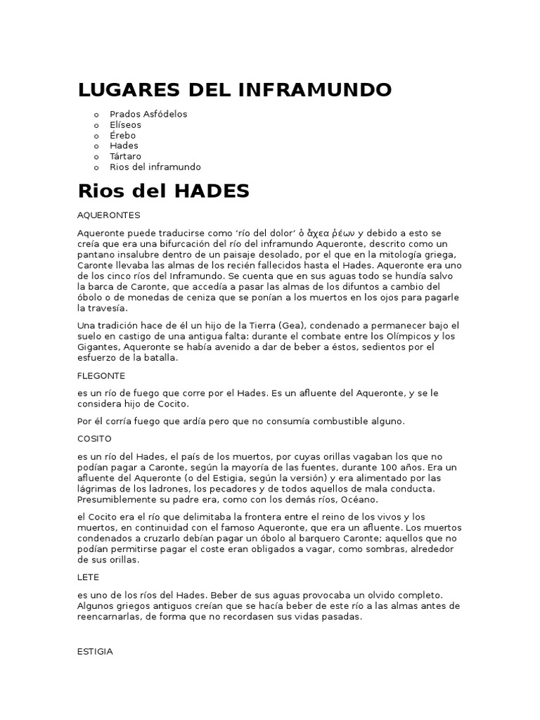 Ríos y Regiones del Inframundo Griego | PDF | Inframundo griego | infierno