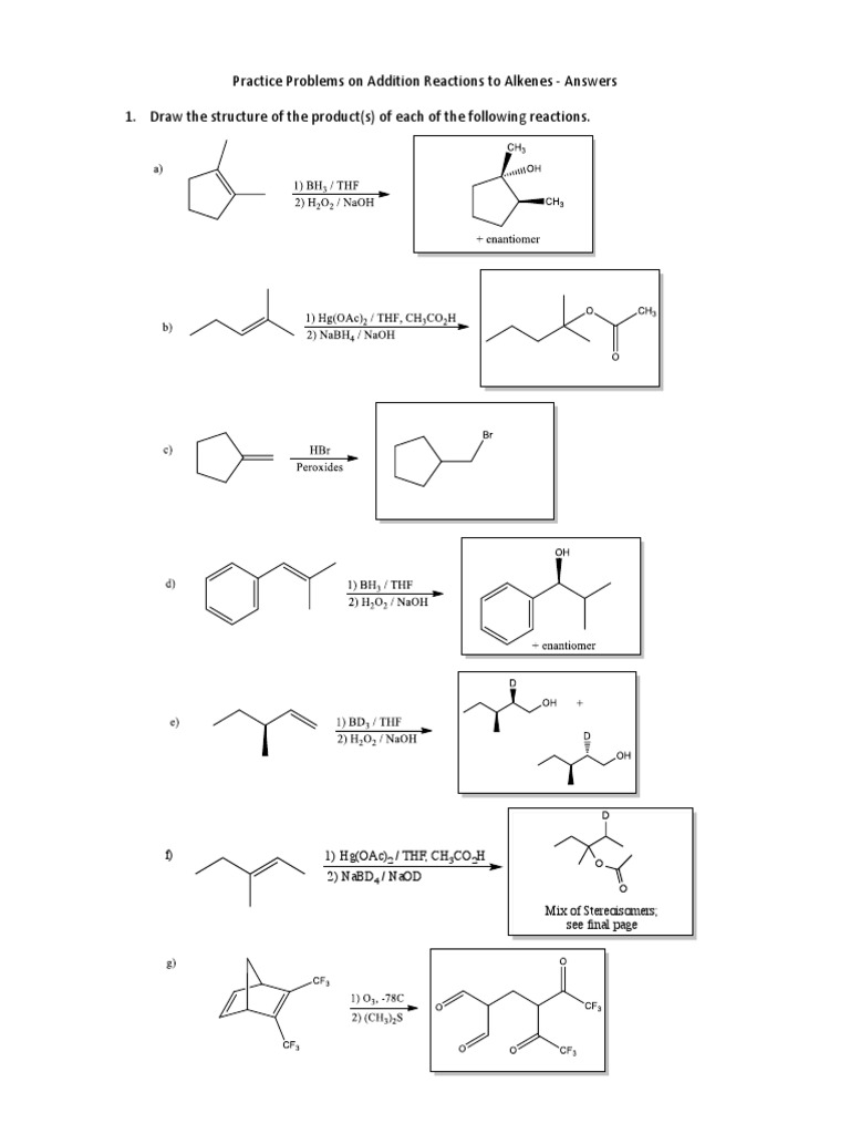 Alkene Addition Reaction Practice Problems | PDF