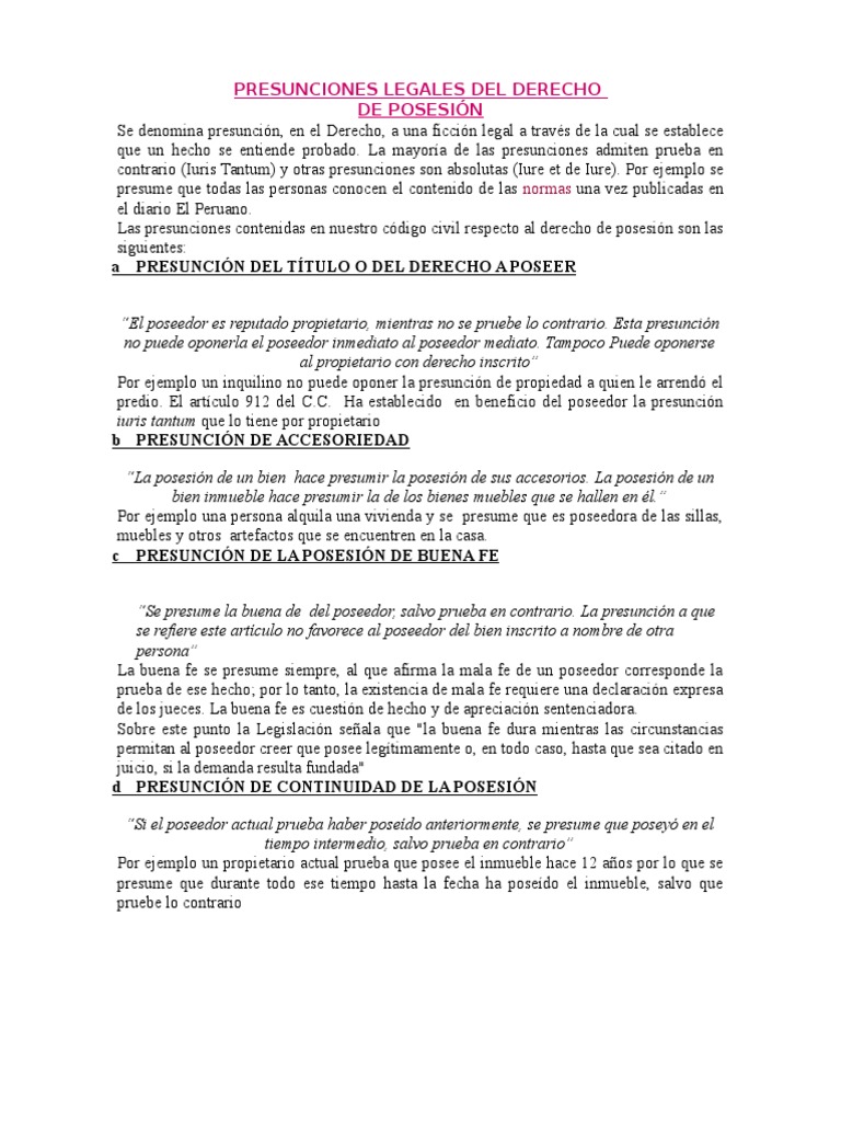 Presunciones Legales | PDF | Posesión (Ley) | Dominio eminente