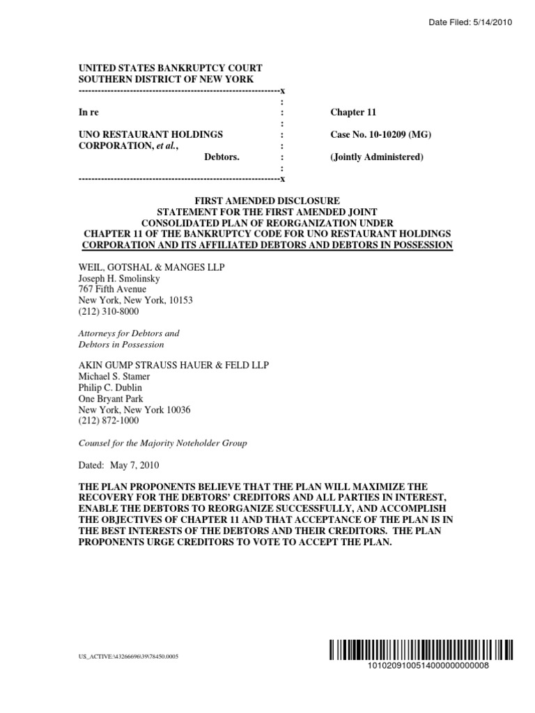 Uno Restaurant Holdings Corporation, Et Al. First Amended Disclosure ...