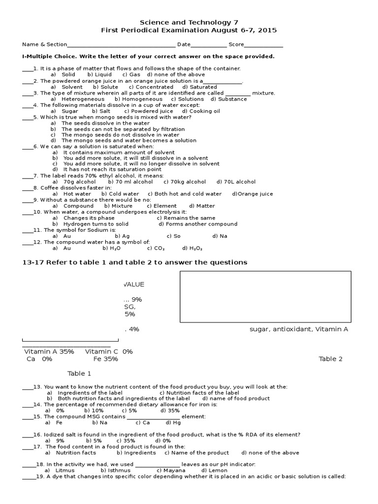 Grade 7 Science Exam Review | PDF | Solution | Chemical Substances