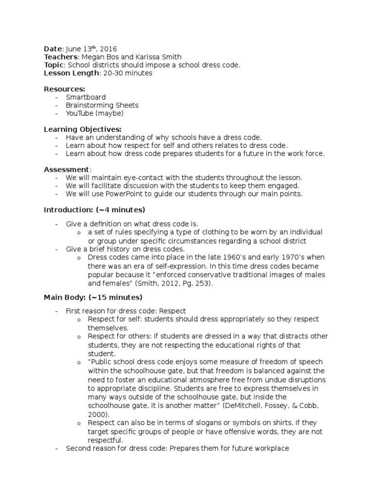 Dress Code Lesson Plan | PDF | Clothing | Lesson Plan