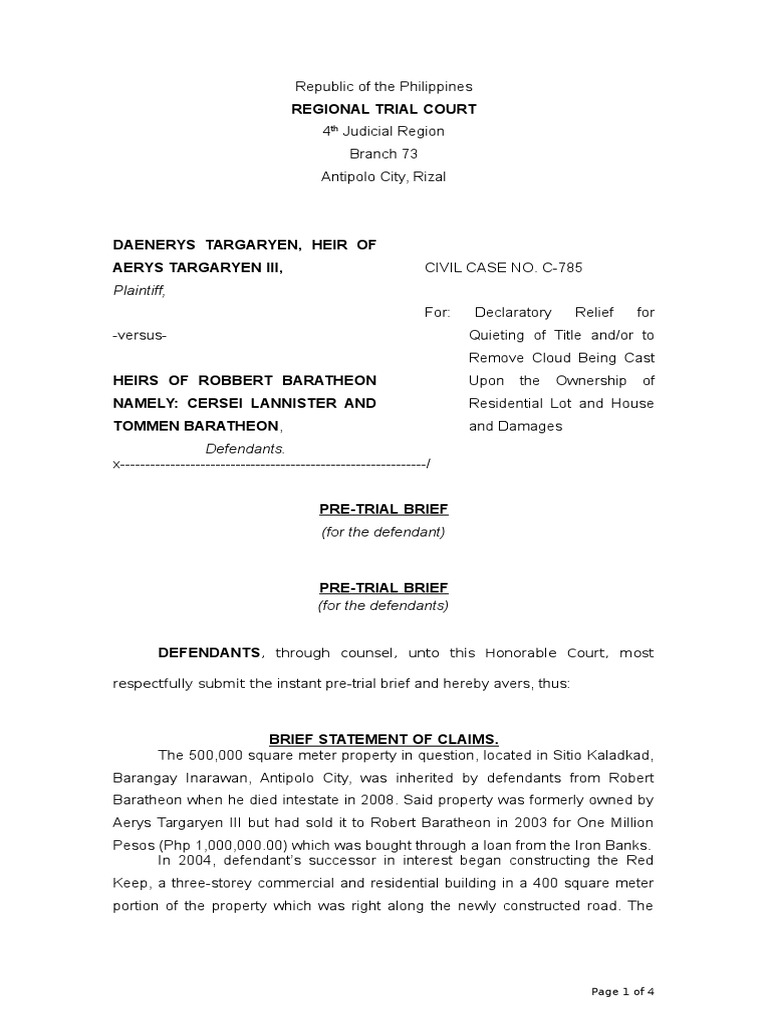 Pre-Trial Brief (Defendant) | PDF | Title (Property) | Lawsuit