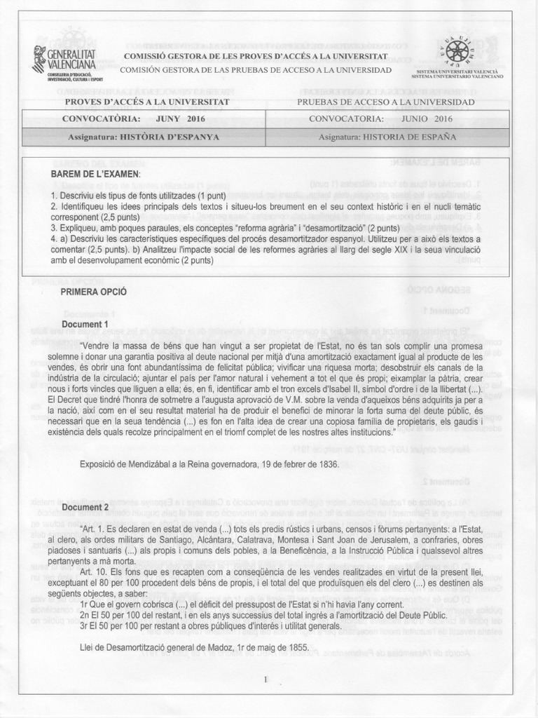 Examen PAU Historia de España Jun 2016 | PDF