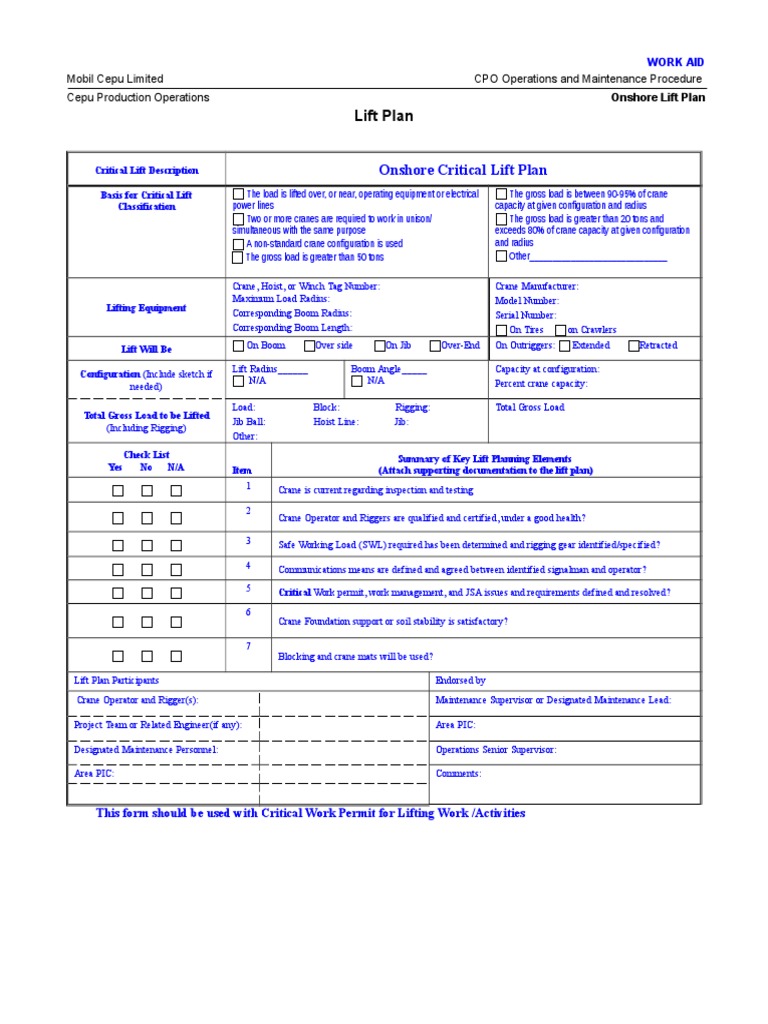 Onshore Critical Lift Plan Form | PDF | Crane (Machine) | Industries