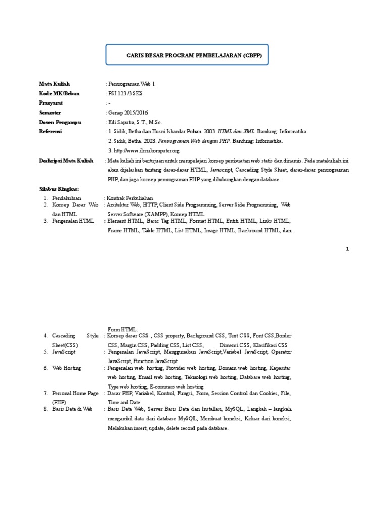Silabus Ringkas Pemrograman Web | PDF