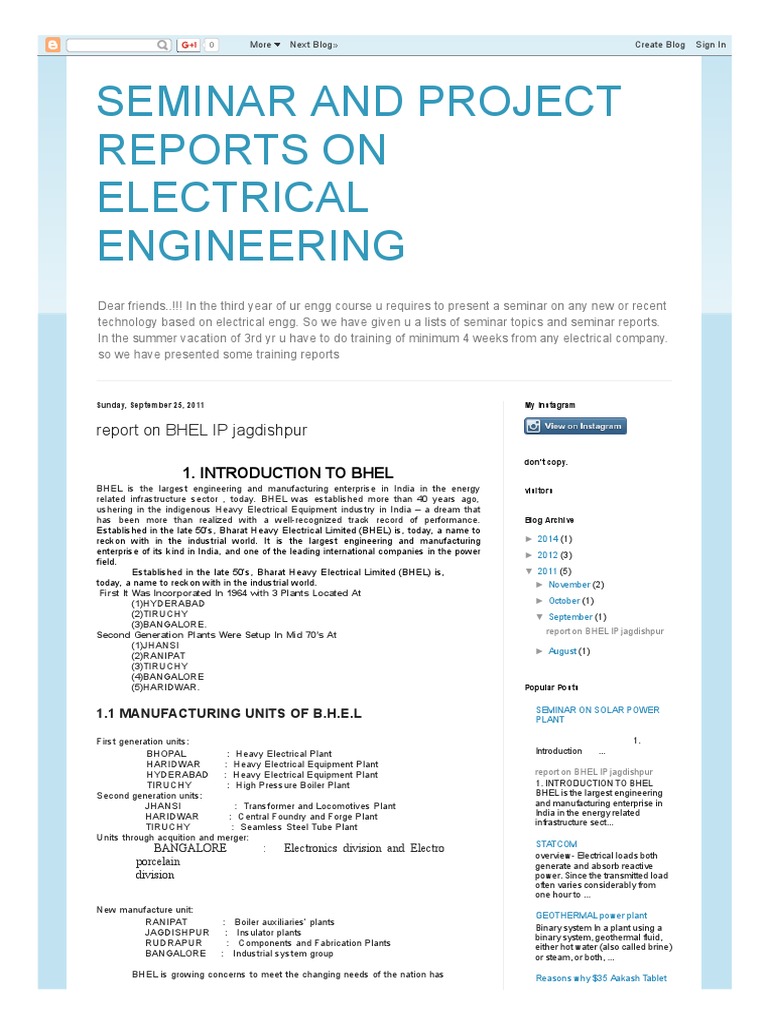 Seminar and Project Reports On Electrical Engineering - Report On Bhel ...