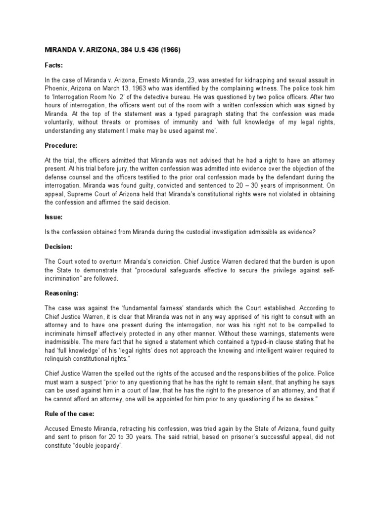 Miranda v. Arizona | PDF | Miranda V. Arizona | Miranda Warning